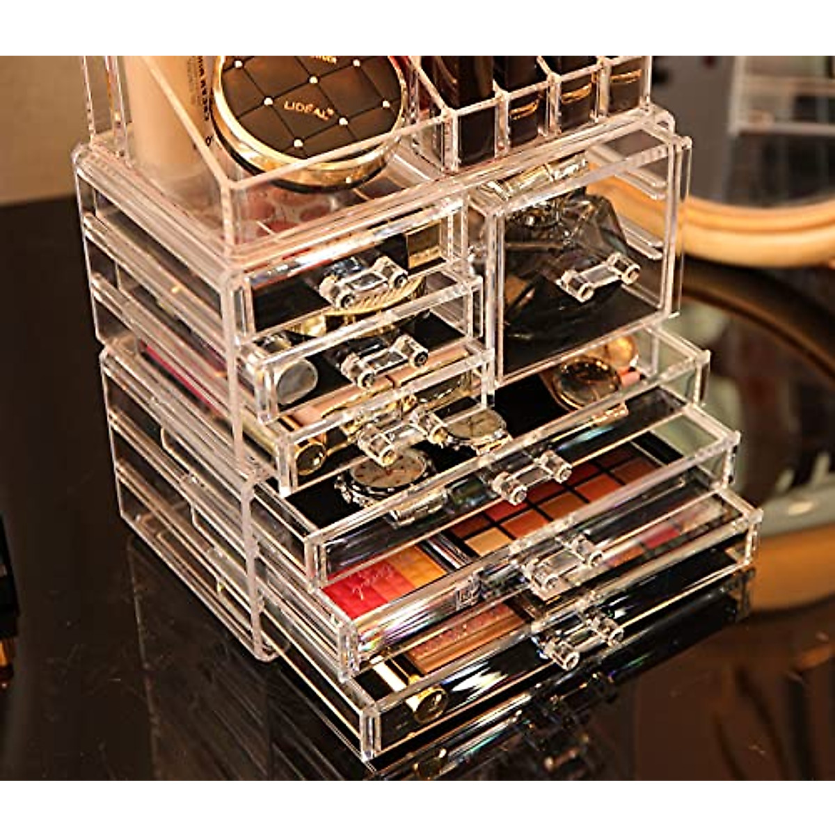 Cq acrylic Clear Makeup Storage Organizer Drawers Skin Care Large Cosmetic Display Cases Stackable Storage Box With 7 Drawers For Dresser,Set of 3