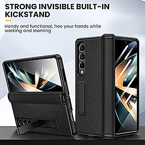 Ruky Kickstand Case for Galaxy Z Fold 4, Hinge Protection, Full Body & Built-in Screen Protector, PU Leather Stand Case for Samsung Galaxy Z Fold 4 5G, Carbon Fiber