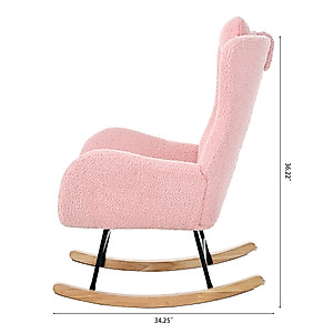 CuisinSmart Rocking Chair Teddy Upholstered Glider Chair for Nursery, Modern Rocker Chair with High Backrest Armchair Rocking Chair Indoor for Living Room, Bedroom and Playroom Pink