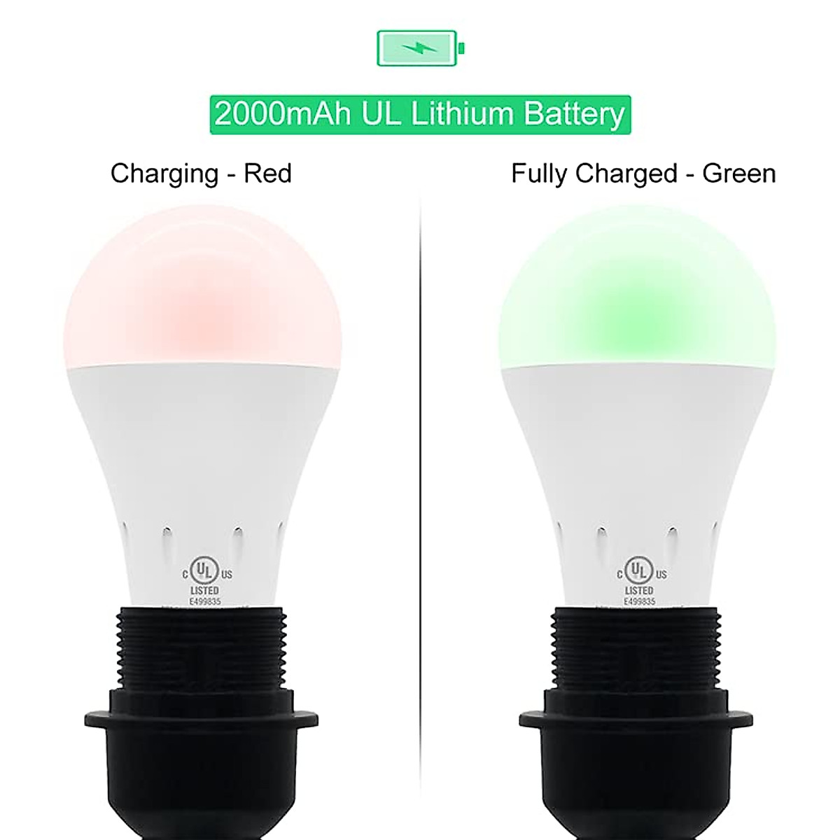 JackonLux Emergency Lights for Home Power Failure Emergency Light Bulb 2000mAh 80W Equivalent Battery Backup Light Bulb with Charge Indicator Dimmable Daylight 5000K