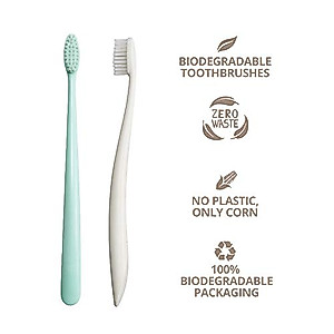 The Natural Family Co. Bio Toothbrush, Soft Nylon Bristles with Non GMO Cornstarch Handles, Plastic Free Packaging and Ivory Desert and Rivermint Twin Pack