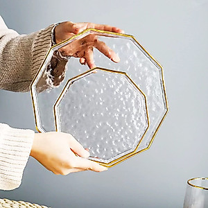 7 Inch Decagon Glass Tray with Gold Rim, Clear Hammered Vanity Makeup Tray with 1” Wall, Thick Decorative Dresser Bathroom Tray Perfume Display Tray Cosmetic Tray for Tabletop Countertop S, Halyuhn