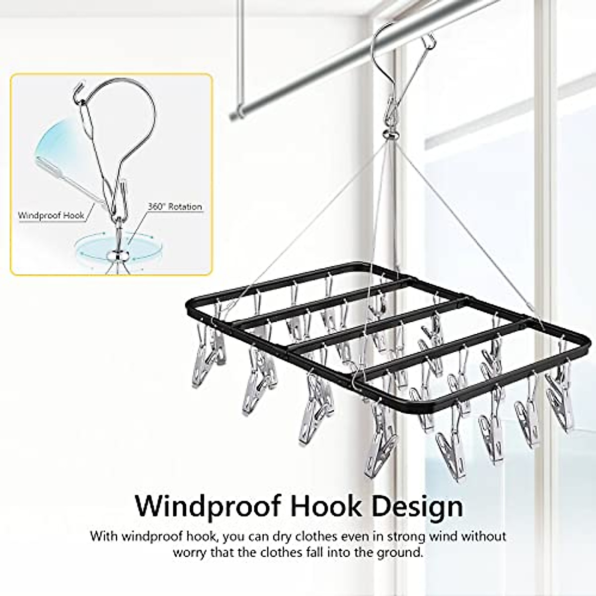 TOWOOZ Clothes Drying Rack with Clips, Stainless Steel Durable Clip and Drip Hanger Windproof Clothes Hanger Rack for Socks/Bras/Underwear/Towels, Portable Laundry Drying Rack (28 Clips, Black)