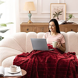 Bertte Plush Throw Super Soft Fuzzy Warm Blanket | 330 GSM Lightweight Fluffy Cozy Luxury Decorative Stripe Blanket for Bed Couch - 50"x 60", Burgundy