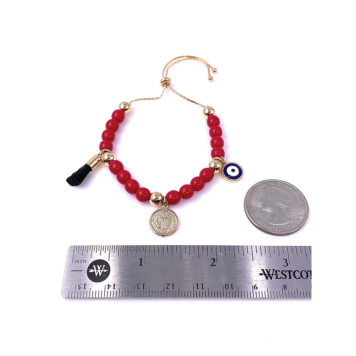 LESLIE BOULES Saint Benedict Red Glass Beads Bracelet Genuine Azabache and Blue Evil Eye Handmade Jewelry