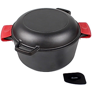 Cast Iron Dutch Oven with Skillet Lid - 10.23” diameter, 5 qt - Multi Cooker Stock Pot For Frying, Cooking, Baking & Broiling + 2 silicone potholders
