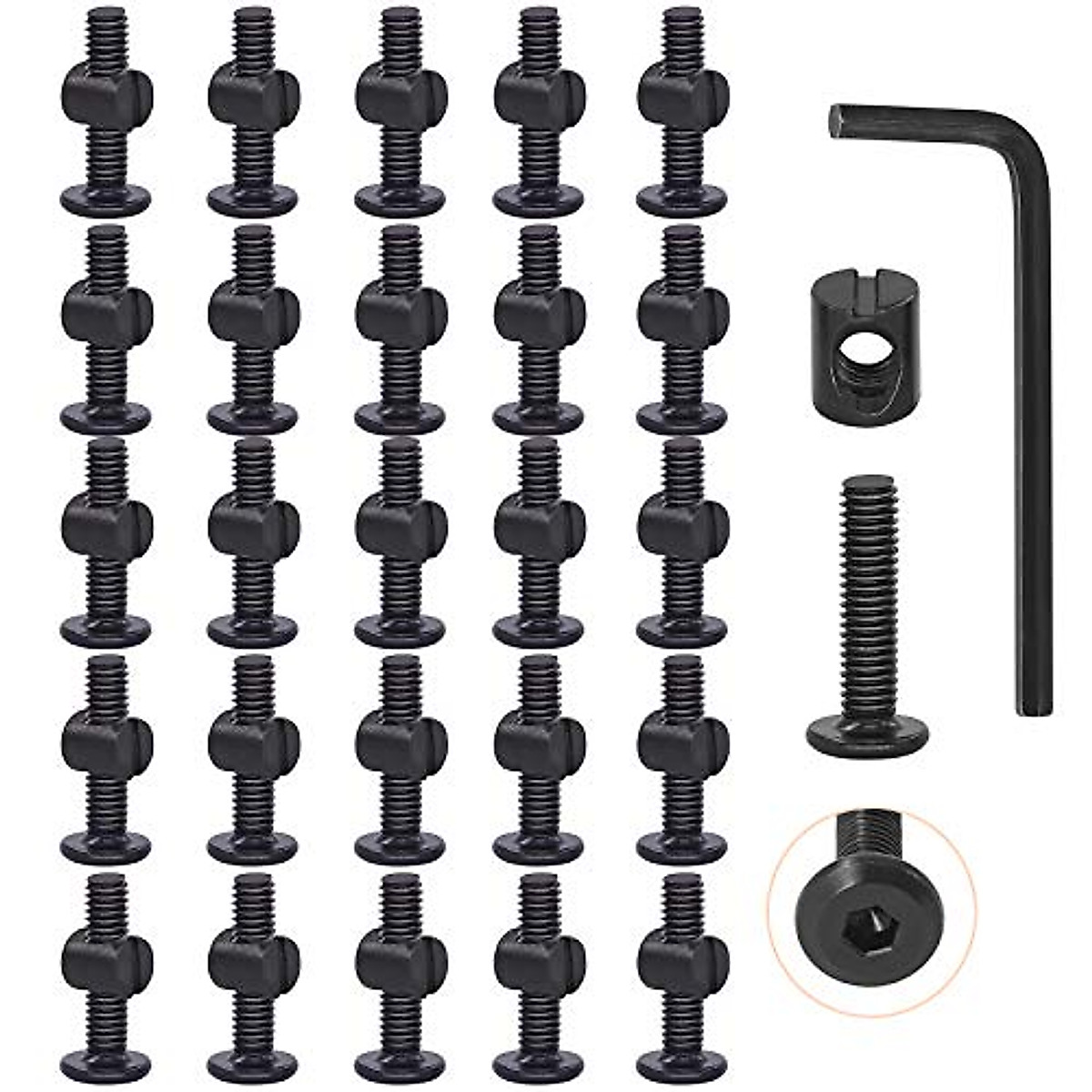 Rustark 25 Pcs M6x25mm Black Hex Socket Cap Screws Barrel Nuts Kit, Baby Bed Crib Screws Hardware Replacement Kit with One Free Hex Key for Crib Bed Cots Furniture