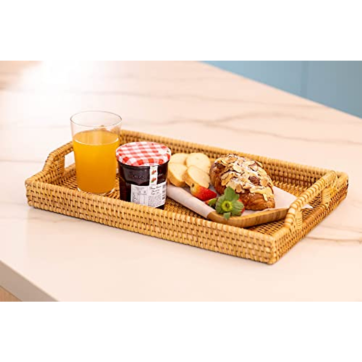 Hand-Woven Rattan Serving Tray with Handles for Breakfast, Drinks, Snack for Dining /Coffee Table (14.5 inch (37 cm), Rectangular)