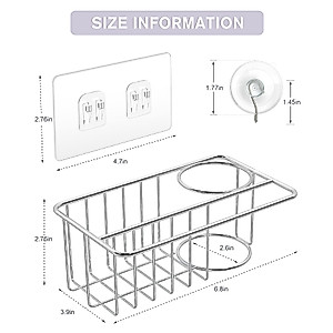 3 in 1 Sink Caddy Sponge Holder, VIS'V 304 Stainless Steel Adhesive Kitchen Sink Basket Sponge Holder Brush Holder Dishcloth Hanger Kitchen Sink Accessories Organizer Rack with 2 Suction Cups - Silver