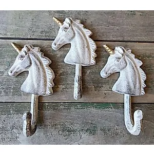 Vintage 3 Cast Iron Unicorn Towel Hanger Coat Hat Hooks Key Rack Hook Mythological