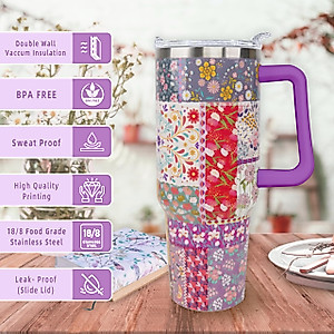 Sunmdecor Pioneer Women Tumbler with Handle and Silicone Straws - 40 Oz Flower Cups Insulated Tumbler - Monther's Day Nice Gift for Mom, Grandma