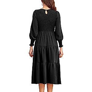 BBcoch Long Sleeve Midi Dress: Black Women's Casual Smocked Ruffle Boho Flowy Tiered Dresses
