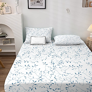 Plant Sheets Full Size, Leaves Botanical Bed Sheets, Patterned Bedding Sheets & Pillowcases 4 Piece Set - Soft Microfiber Deep Pocket Fitted Sheet & Flat Sheet & 2 Pillow Cases S3-&-11