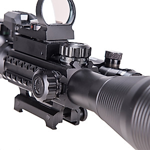 Pinty Rifle Scope 4-12x50 Rangefinder Illuminated Optics with 4 Reticle Red Green Reflex Sight, Green Dot Laser Sight, Black