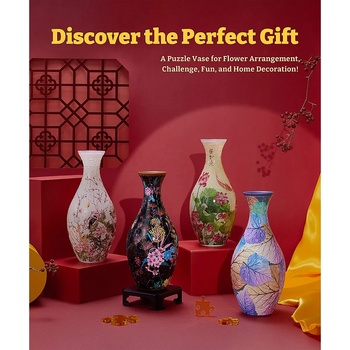 Pintoo 3D Puzzle Vase Unique Flower Vase Made by 160 Curved Plastic Puzzle Pieces House Warming Gift for Flower Arrangements and Home Decoration - [S1035] (Translucent, Flowers and Birds)