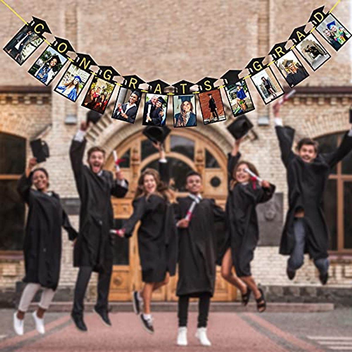 2022 Graduation Photo Banner, Congrats Grad Props Decorations for Party Supplies - 13 Pcs Golden Black Hanging Banners for Elementary, Middle, High School and College Graduation Party