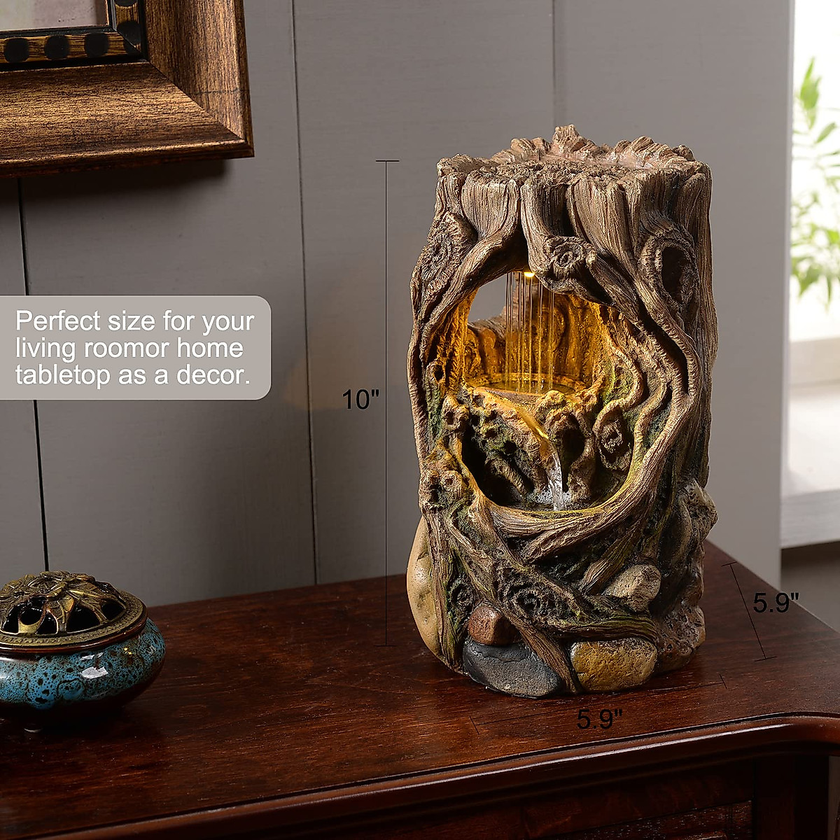 GOSSI Indoor Fountain Beautiful Stump Water Fountain Relaxation Raindrop Fountains Meditation Desk Fountain Artistic Waterfall Fountains Home/Office Decor(22013)