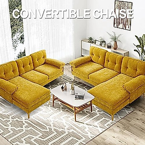 82" Sectional Couch w/Chaise Sleeper, Chenille Small L Shape Sofa Couch, Sofa with Chaise Mid-Modern Century Couch with Removable and Washable Cushions (Yellow)