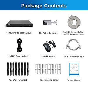 GWSECU 4K 16 Channel PoE Home Security Camera System, 4K/8MP Video Surveillance NVR with 4TB HDD, 16PCs 5MP 2.8mm 110° Wide Angle Person Detection IP Bullet Cameras Business 24/7 Recording