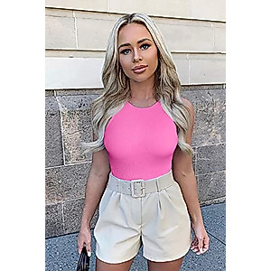 TOB Women's 3 Piece Bodysuits Sexy Ribbed Sleeveless Halter Neck Shapewear Bodysuits Black Rose White