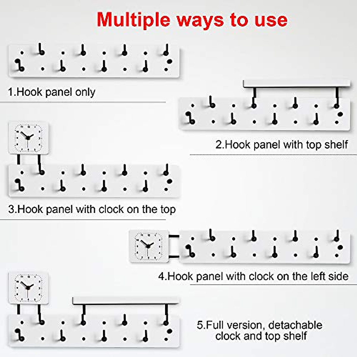 Entryway Coat Hooks with Shelf and Clock, Wall-Mounted Hanging Rack, Hallway/Living Room/Bedroom Organize and Decor Display Hook Rack. Bamboo Wood Body with 8 Metal Hooks, White Colour