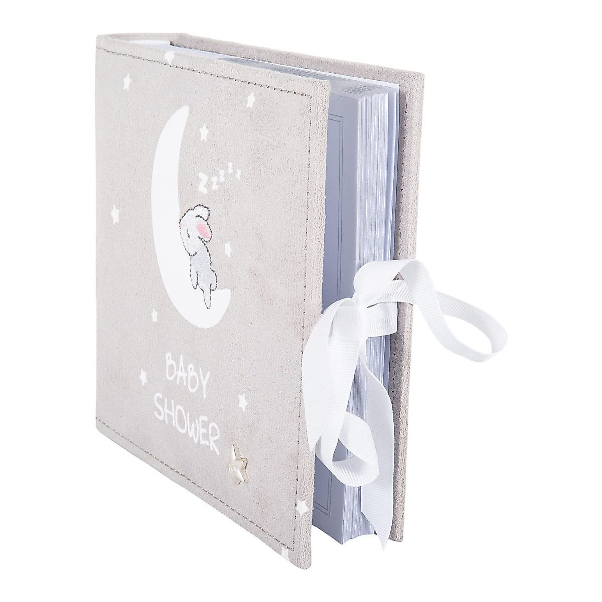 Happy Homewares Cute and Beautiful Neutral Grey Suede Baby Shower Photo Album - 80 Spaces for 4x6 Photos | White Moon and Stars