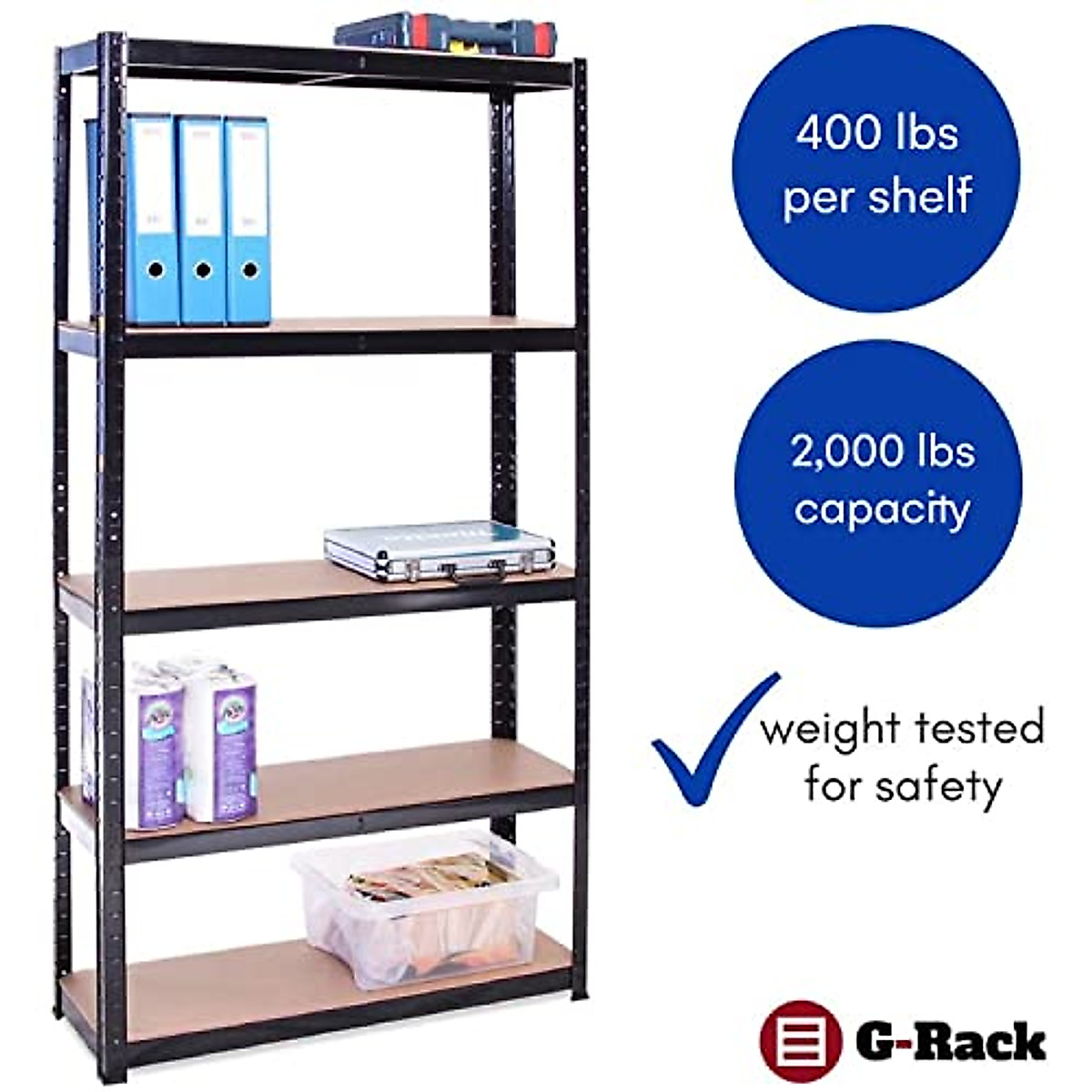 Garage Shelving Units: 71 x 35 x 18 inches | Heavy Duty Racking Shelves for Storage - 1 Bay, Black 5 Tier (400 lbs Per Shelf), 2000 lbs Capacity | for Workshop, Shed, Office | 5 Year Warranty