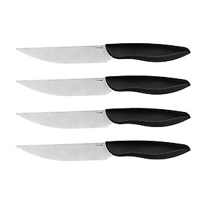 Kershaw 4-Piece Serrated Steak Knife Set - 5" Blades of German Stainless Steel with 16° Single-Bevel Edge, Satin Finish, Black Polypropylene Ergonomic Handles