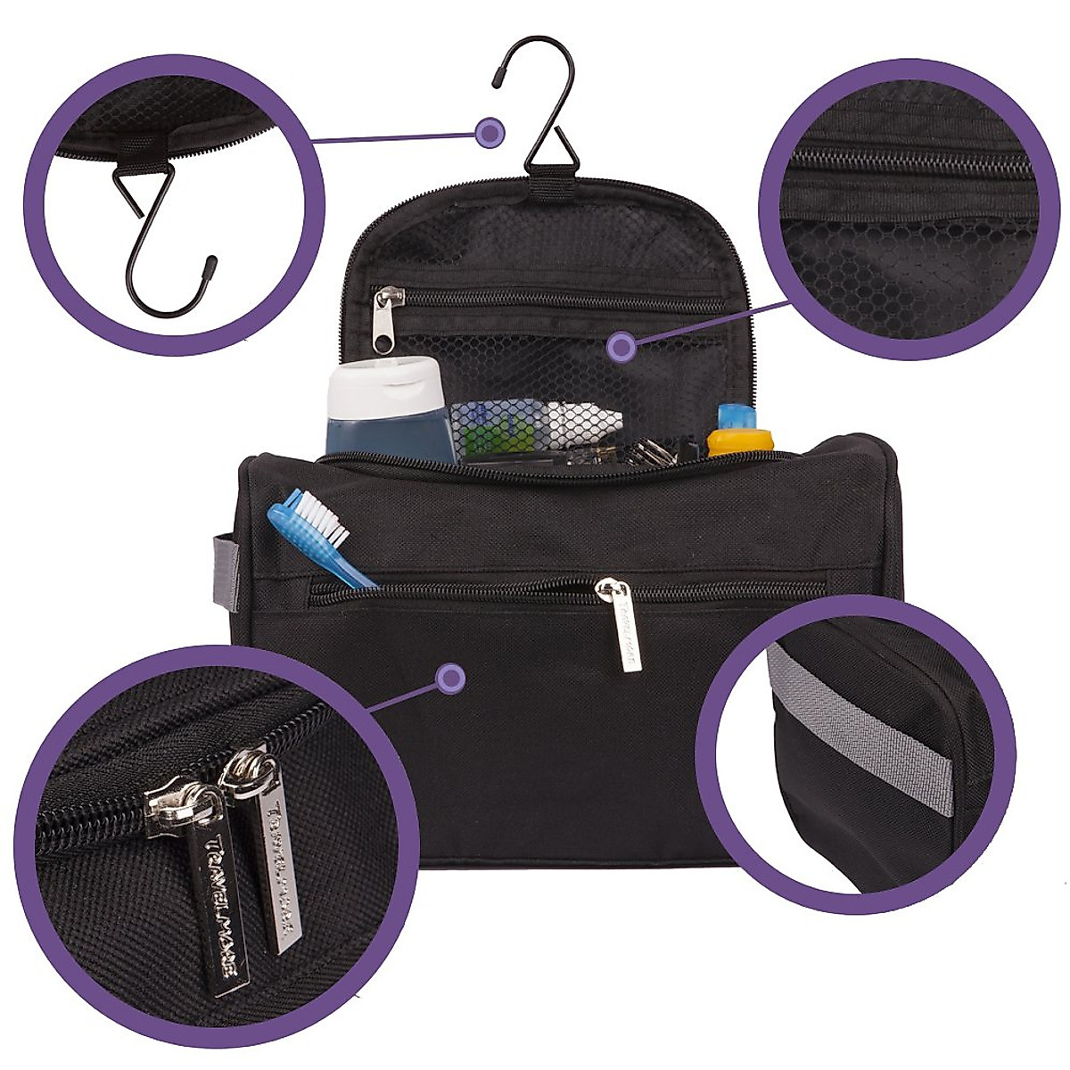 TravelMore Hanging Travel Toiletry Bag Organizer & Bathroom Hygiene Dopp Kit with Hook for Traveling Accessories Toiletries Bathroom Shaving & Makeup for Men and Woman - Black