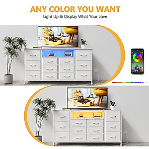 WODRAWER TV Stand Dresser for Bedroom with 12 Drawers for 60" TV, Fabric Drawers Entertainment Center with Power Outlets & LED Lights & Open Shelves, Long Dresser for Console, Living Room