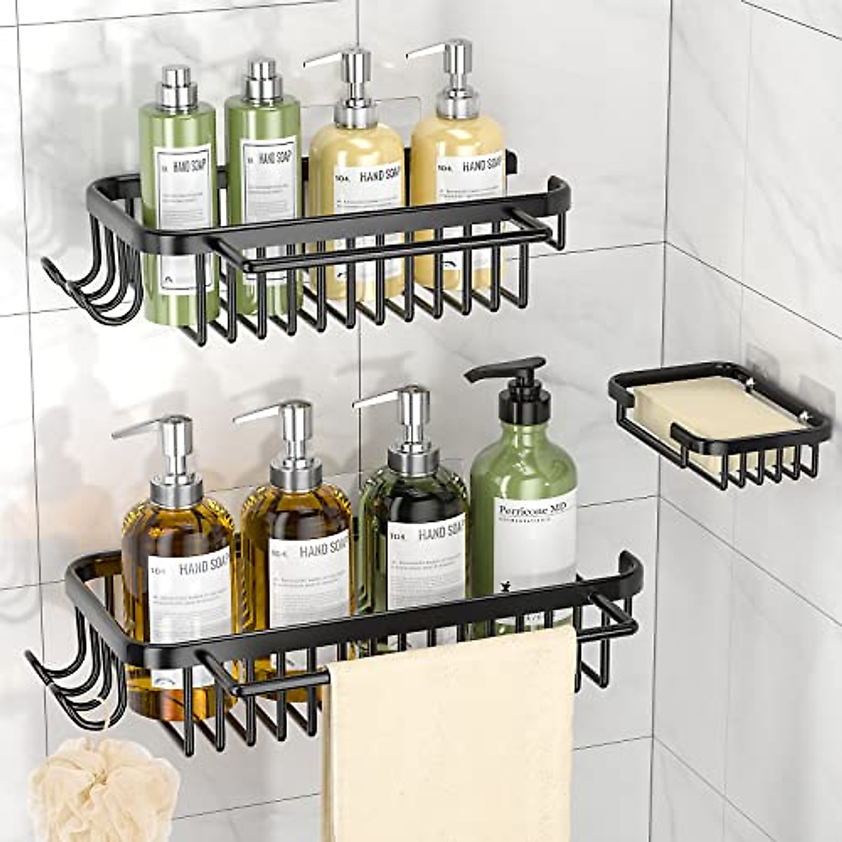 3Pack Shower Caddy, Shower Organizer with Soap Dish, No Drilling Shower Storage Wall Mount Rustproof Bathroom Organizer Shampoo Holder Kitchen Rack Adhesive Shower Shelves for Inside Shower Black