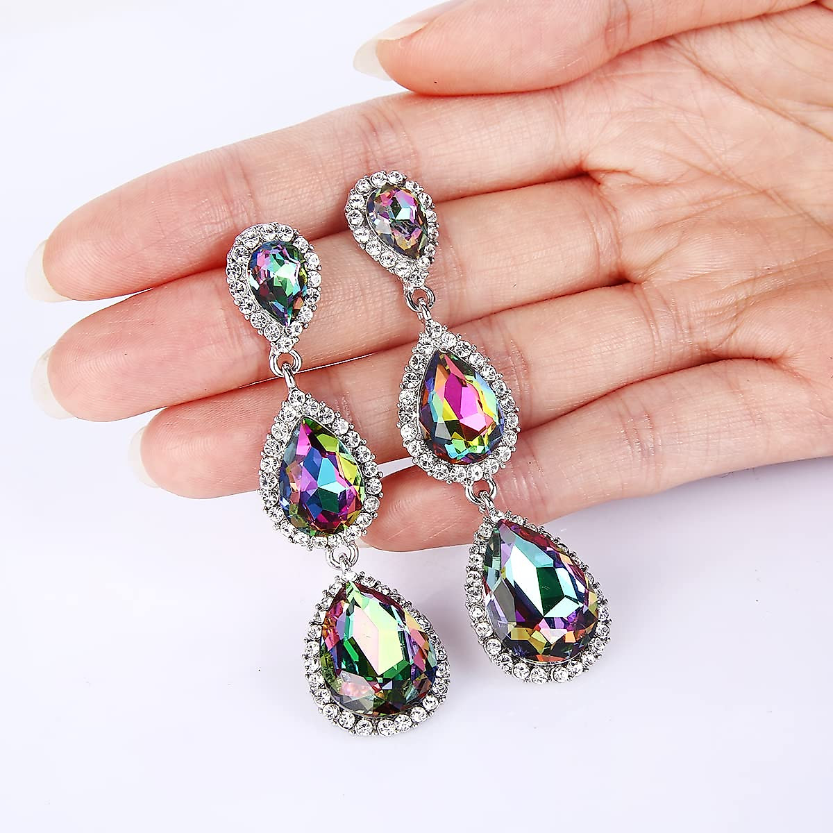 EleQueen Women's Silver-tone Austrian Crystal Tear Drop Pear Shape Long Dangle Earrings Multicolor