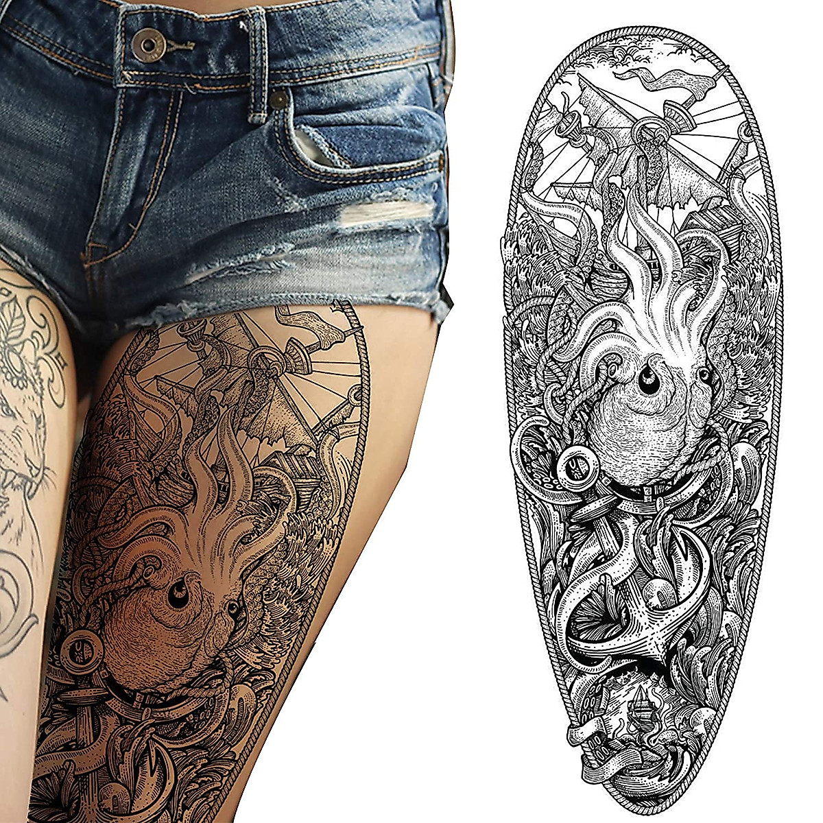 Tatodays 2 x Temporary tattoo full arm caribbean pirate kraken stick on body art transfer for women and men cosplay halloween adult temp tattoo for arms fancy dress