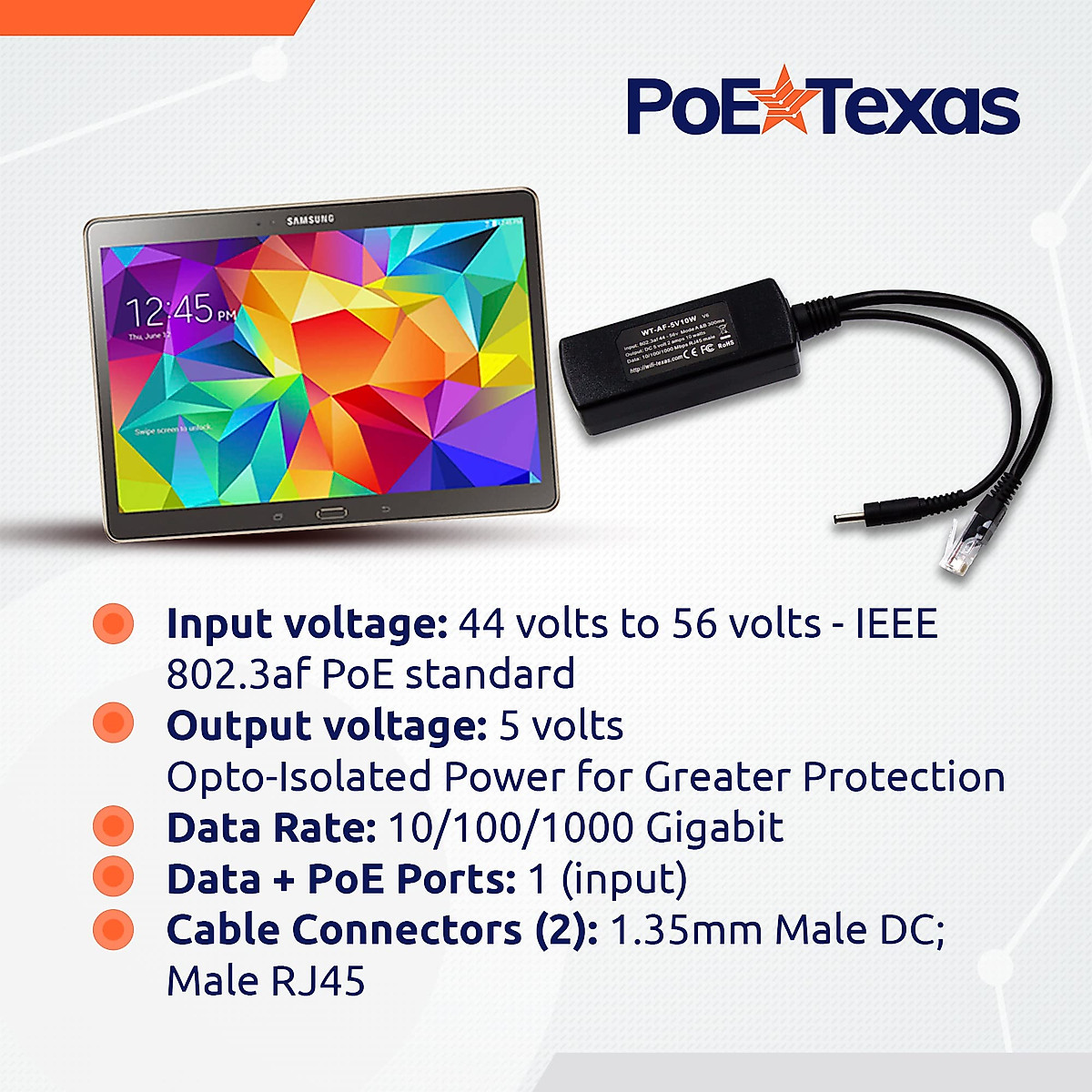 PoE Texas 802.3af Power Over Ethernet PoE Splitter with 5 Volts 10 Watts Output - for 5V Non-PoE Security Camera and Devices Like Foscam, Sonoff, Tablet, USB, Dropcam, Raspberry Pi and Others