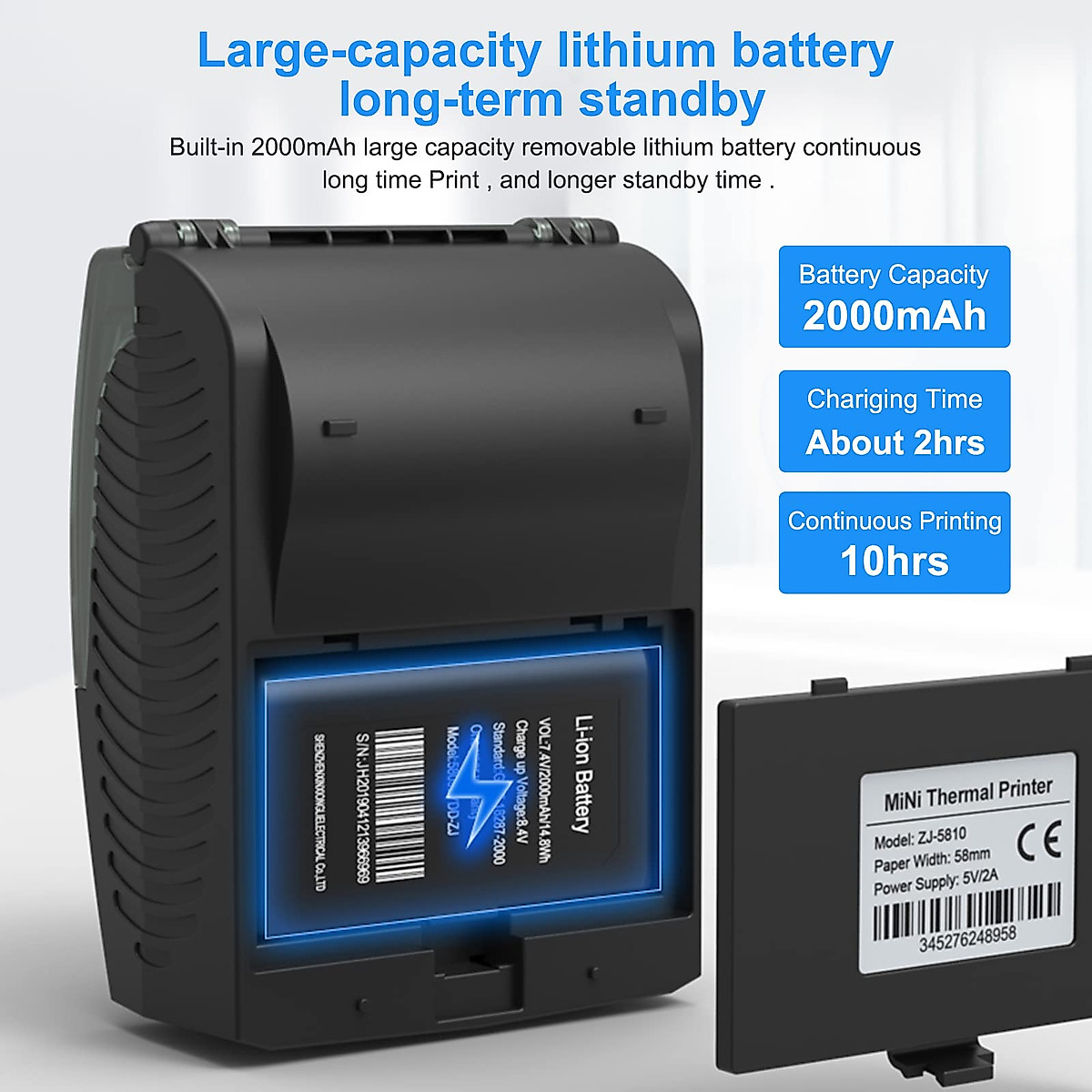 Receipt Printer,HXBER 58mm Portable Mini Thermal Receipt Printer USB & BT Connection 2 inches Wireless Printer with 1 Roll Paper Inside Compatible with iOS Android Windows for Restaurant Sales Retail