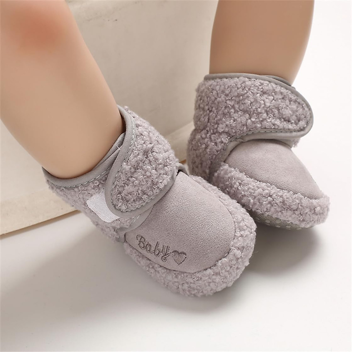 COSANKIM Baby Booties Newborn Boys Girls Fleece Boots Non Slip Grippers Stay On Slipper Socks Infant First Walker Winter Warm Crib Shoes(3-6 months infant, 09 Grey)