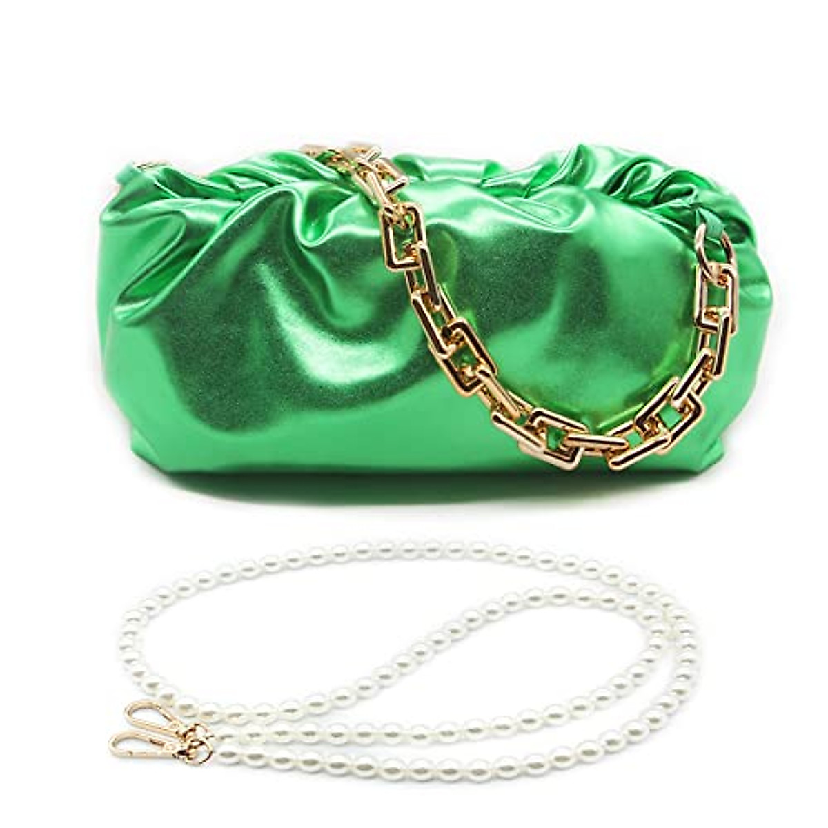 NAARIIAN Women‘s cloud-shape Metallic PU dumpling bags | Chunky chain clutch purses | Detachable shoulder strap Evening Handbags (Apple Green)