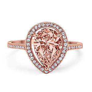 Halo Teardrop Pear Simulated Morganite Bridal Ring Rose Tone Plated 925 Sterling Silver, Size-6