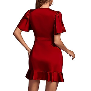 LYANER Women's Satin Wrap Front Ruffle Hem Short Sleeve Crewneck A Line Mini Short Dress Wine Red Medium