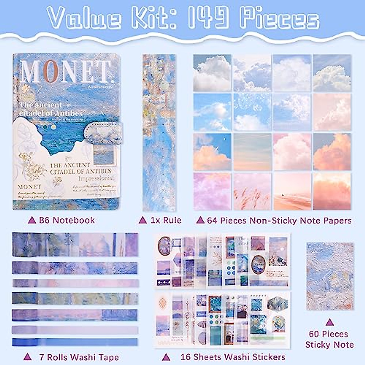 149Pcs Scrapbooking Supplies Kit, FHDUSRYO Vintage Aesthetic Scrapbook Kit, Bullet Junk Journal Kit with B6 Notebook Sticker Washi Tape, DIY Journaling Supplies Gift for Teen Girl Women(Blue 15”x9.4”)