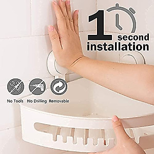 LEVERLOC Corner Shower Caddy Suction Cup & Toothbrush Holder NO-Drilling Removable Bathroom Shower Shelf Heavy Duty Max Hold 22lbs Caddy Organizer Waterproof & Oilproof for Bathroom & Kitchen - White