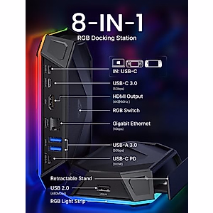 JSAUX RGB Docking Station for Steam Deck & ROG Ally, 8-in-1 Steam Deck Dock with HDMI 2.0 4K@60Hz, Gigabit Ethernet, USB-C 3.0, Dual USB-A 3.0, USB 2.0 and 100W USB-C Charging Port-HB0801(Black)