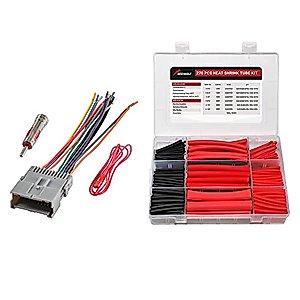 RED WOLF Car Radio Wiring Harness W/Antenna Adapter + Heat Shrink Tube Kit 3:1 Shrinkage Ratio Fit GM Chevy GMC Suburban Buick Cadillac 2002-2008 for Protection Insulation