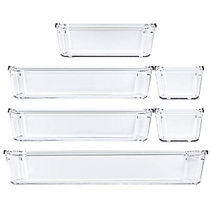 Slideep Clear Desk Drawer Organizer Trays, Dresser Desk Drawer Dividers Large Capacity Plastic Storage Bins for Cosmetic, Makeup Trays, Kitchen Gadgets, Office Accessories, 4 Different Sizes, 6 Pcs