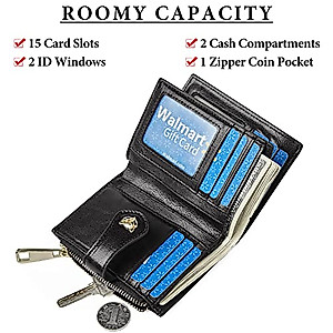 FOXLOVER Small Leather Wallets for Women Ladies RFID Blocking Bifold Zipper Pocket Wallets with ID Window (Black)