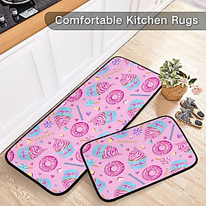 Sweet Pink Cupcakes Kitchen Rug Set of 2 Donuts Lollypops Kitchen Mat No-Slip Runner Rug Anti Fatigue Mats Floor Door Mats Carpet Doormats Washable Home Decor 19.7"x27.6"+19.7"x47.2"