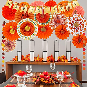 Winlyn 21 Pack Bulk Fall Party Decorations Set Auntumn Orange Hanging Paper Fans Happy Fall Banner Pom Poms Fall Maple Leaves Garlands for Thanksgiving Wedding Birthday Festival Party Backdrop Décor