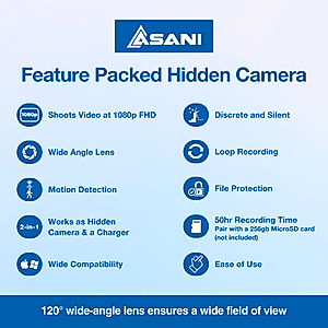 Asani Hidden Spy Camera USB Charger - Home & Office Security Nanny Cam with SD Card Slot, Motion Detection, Full HD Video, Smartphone Connectivity, Ideal for Monitoring Elderly Parents, Pets