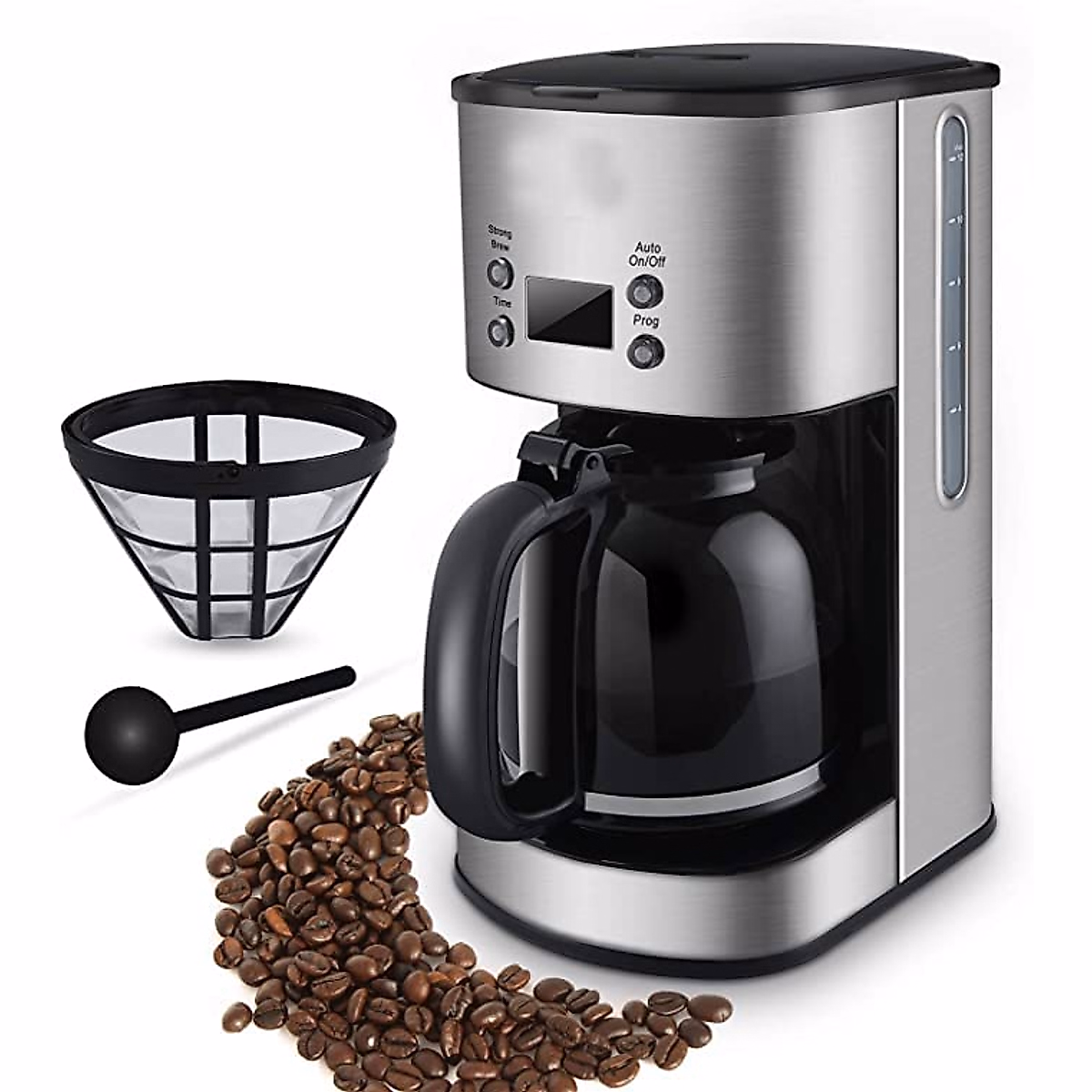 Drip Coffee Maker 12 Cup, Programmable Coffeemaker, Auto Shut-off Coffee Machine, 2 Hours Keep Warm Glass Coffee Pot, Grab-a-cup, LCD Display, Removable Filter,Stainless Steel, 1000W(Silver)