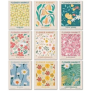 MINI ZOZI Flower Market Posters Wall Art Prints 9PCS 8x10 Aesthetic Danish Pastel Matisse Floral Flower Print Poster Set Trendy For Dorm Room Decor Decorations Cute Flowers Unframed Paintings Collage Sets